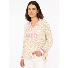 Zwillingsherz Damen Sweatshirt &raquo;"Leo Pastell"&laquo;, mit V-Ausschnitt, gestreiften B&uuml;ndchen und WILD Applikation beige S/M