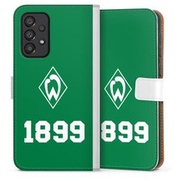 DeinDesign Galaxy A33 5G Handy Klapph&uuml;lle Handyh&uuml;lle aus Kunst Leder wei&szlig; Flip Case Statement Official Licensed Product Sv Werder Bremen Sideflip mit Lasche