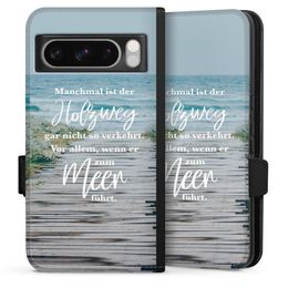 DeinDesign Google Pixel 8 Pro Handy Klapph&uuml;lle Handyh&uuml;lle aus Kunst Leder schwarz Flip Case Statement Beach Spruch Sideflip mit Lasche