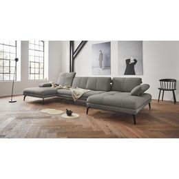 Wohnlandschaft Andas "Stenlille Multifunktions-Sofa, U-Form", grau, B:374cm H:83cm T:162cm, Struktur weich (100% Polyester);Struktur grob (100% Polyester);100% NaturLEDER, Sofas, incl. Sitztiefen-, Kopfteil- und Armteilverstellung