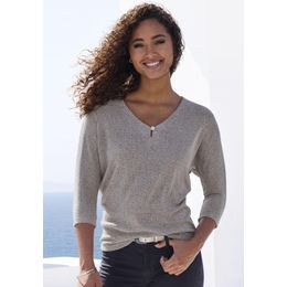 3/4-Arm-Shirt Lascana "mit Strassknopf in Bl&uuml;tenform", Damen, Gr. 36/38, grau (silbergrau), Strick, Obermaterial: 77% Viskose (LENZING&trade; ECOVERO&trade;), 23% Polyester, Strukturmuster, unifarben, bequem, V-Ausschnitt, Shirts 3/4-Arm-Shirt, aus leichtem Feinstrick in Melange Optik