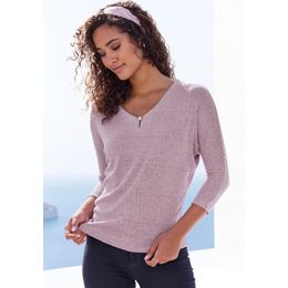 3/4-Arm-Shirt Lascana "mit Strassknopf in Bl&uuml;tenform", Damen, Gr. 36/38, lila (flieder), Strick, Obermaterial: 85% Viskose (LENZING&trade; ECOVERO&trade;), 15% Polyester, Strukturmuster, unifarben, bequem, V-Ausschnitt, Shirts 3/4-Arm-Shirt, aus leichtem Feinstrick in Melange Optik