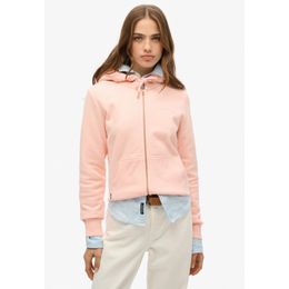 Kapuzensweatjacke Superdry "ESSENTIAL LOGO ZIPHOOD HB", Damen, Gr. XS, pink (pale rose pink), Sweatware, Obermaterial: 80% Baumwolle, 20% Polyester, unifarben, relaxed fit hüftbedeckend, Rippbündchen, Sweatjacken