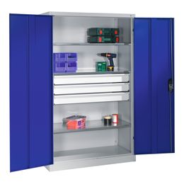 C+P Werkzeugschrank mit Dreht&uuml;ren, 3 B&ouml;den und 3 Sch&uuml;be, H1950xB1200xT500mm Front Enzianblau Korpus Lichtgrau, aus Stahlblech mit Zylinderschloss, 8931-5030|S10083)