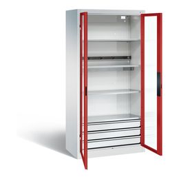 C+P Akku-Ladeschrank f&uuml;r 5 E-Werkzeuge, 3 Schubladen, Sichtfenster, H1950xB930xT500mm, Feuerrot/Lichtgrau ; C + P M&ouml;belsysteme (8921-055E1|S10016)
