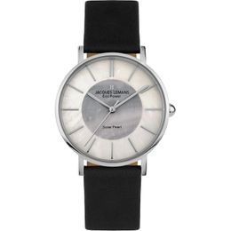 Jacques Lemans Solaruhr &raquo;Eco Power Solar Pearl&laquo; Armbanduhr, Damenuhr, Perlmutt-Zifferblatt, Lederarmband schwarz Stilvolle Damenarmbanduhr