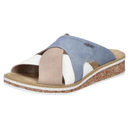 Rieker Pantolette Sommerschuh, Hausschuh, Strandschuh, Urlaubschuh mit Stretcheinsatz blau-offwhite-beige 36 36 Pantolette mit Keilabsatz in Korkoptik