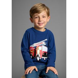 Kidsworld Langarmshirt »Feuerwehr Pailletten Shirt« Feuerwehr Druck mit Pailletten blau 128/134 128/134 Langarmshirt für Jungen aus weichem Single...