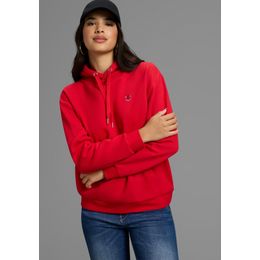 Kapuzensweatshirt DELMAO, Damen, Gr. 44/46, rot (dunkelrot), angeraute Sweatware, Obermaterial: 60% Baumwolle, 40% Polyester. Bündchen: 95% Baumwolle, 5% Elasthan, unifarben, Basic, Basic hüftbedeckend, Rippbündchen, Sweatshirts, Weiche Baumwollmischung mit Kängurutasche & Kapuze