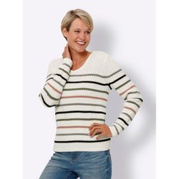 Sieh an! V-Pullover in ecru-schwarz-geringelt | Gr.: 56