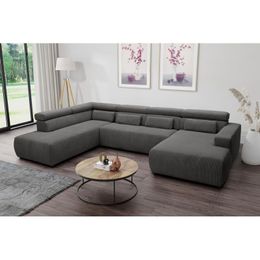DOMO collection Wohnlandschaft »Brandon, belastbar bis 140kg/ Sitz, B/T: 359/228 cm, U-Form« ohne Sitztiefenverstellung, Cord, grau grau