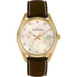 Jacques Lemans Quarzuhr &raquo;Derby&laquo; Armbanduhr, Damen, analog, Datum, Perlmutt-Zifferblatt, Lederarmband dunkelbraun Geschmackvolle Damenarmbanduhr