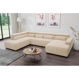 DOMO collection Wohnlandschaft »Brandon, belastbar bis 140kg/ Sitz, B/T: 359/228 cm, U-Form« ohne Sitztiefenverstellung, Cord, creme creme