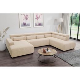 DOMO collection Wohnlandschaft »Brandon, belastbar bis 140kg/ Sitz, B/T: 359/228 cm, U-Form« ohne Sitztiefenverstellung, Cord, creme creme