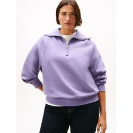 Sweatshirt Tommy Hilfiger Curve "CRV CLASSIC SCRIPT FLEECE 1/2ZIP", Damen, Gr. 46, lavender ash, Sweatware, Obermaterial: 77% Baumwolle, 23% Polyester, unifarben, Casual, Bündchen, Sweatshirts, in großen Größen