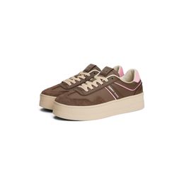 Plateausneaker Tommy Jeans "THE GREENWICH FLATFORM", Damen, Gr. 42, braun (braun, rosa), Leder, Lederimitat, Schuhe, Freizeitschuh, Halbschuh, Schnürschuh mit pastellfarbenem Kontast