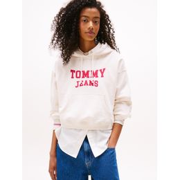 Kapuzensweatshirt Tommy Jeans "TJW BXY CRP VARSITY HOODIE", Damen, Gr. L (40), weiß (ancient weiß), Sweatware, Obermaterial: 100% Baumwolle, bedruckt, Sweatshirts