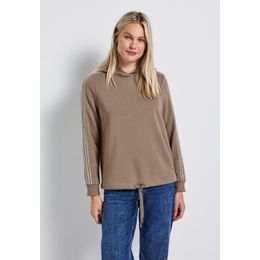 Hoodie Street One, Damen, Gr. 34, braun (bark braun), Sweatware, 65% Baumwolle, 35% Polyester, unifarben, Casual, normal, ohne Ausschnitt, Rippbündchen, Sweatshirts, mit Tunnelzug am Saum