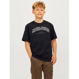 Jack & Jones Rundhalsshirt JACK & JONES JUNIOR "JJECALEB VARSITY TEE SS O-NECK NOOS JNR", Jungen, Gr. 152, schwarz (schwarz fit:loose), Single Jersey, Obermaterial: 100% Baumwolle, bedruckt, relaxed fit normal, Rundhals, Shirts Rundhalsshirt