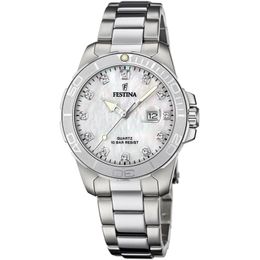 Festina Quarzuhr &raquo;Boyfriend Collection&laquo; Armbanduhr, Damenuhr, Edelstahlarmband, bis 10 bar wasserdicht, Datum silberfarben-perlmuttfarben Zeitlose...