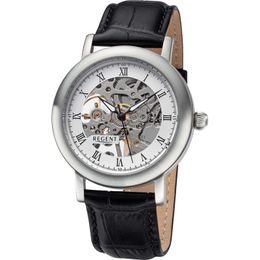 Regent Uhren REGENT Mechanische Uhr Armbanduhr, Herrenuhr, Handaufzug, Lederarmband schwarz-silberfarben Geschmackvolle Mechanische Uhr für Herren