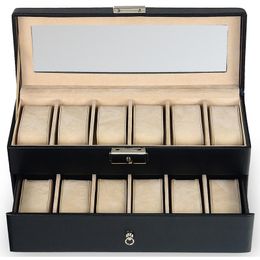Sacher Uhrenetui Aufbewahrung, Uhrenkasten, &Oslash; Uhren max. 40mm, Armbanduhr, Geschenkidee schwarz-beige Elegantes Uhrenetui aus Lederimitat