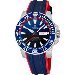 Festina Quarzuhr »Diver Collection« Armbanduhr, Herrenuhr, Taucheruhr, Silikonarmband, Datum blau-rot Sportive Herrenarmbanduhr