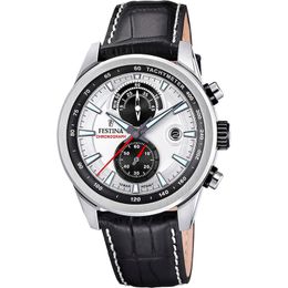 Festina Chronograph »Timeless Chronograph« Quarzuhr, Armbanduhr, Herrenuhr, Lederarmband, analog, Tag schwarz-silberfarben Trendstarker...