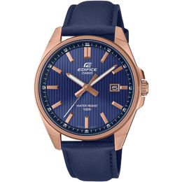 CASIO EDIFICE Quarzuhr Armbanduhr, Herrenuhr, analog, Datum, Lederarmband dunkelblau-bronze Elegante Herrenarmbanduhr