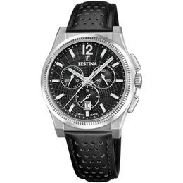 Festina Chronograph »Rivé Collection« Quarzuhr, Armbanduhr, Herrenuhr, Swiss Made, Lederarmband, analog, Tag schwarz-schwarz Attraktiver...