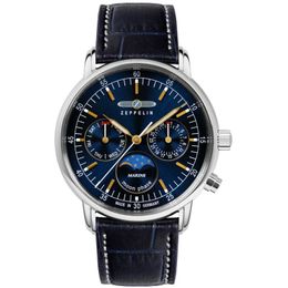 Zeppelin Multifunktionsuhr &raquo;LZ 14 Marine Moonphase&laquo; Quarzuhr, Damen, Datum, Mondphase, Lederarmband, Made in Germany dunkelblau Zeitlos sch&ouml;ne...