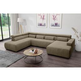 DOMO collection Wohnlandschaft »Brandon, belastbar bis 140kg/ Sitz, B/T: 359/228 cm, U-Form« ohne Sitztiefenverstellung, Cord, schlamm schlamm