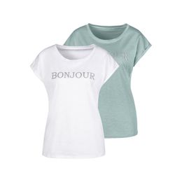 Vivance T-Shirt »mit Frontdruck "Bonjour"« 2er-Pack, aus weicher Baumwoll-Qualität mint, white 36/38 36/38 Modischer Frontdruck "Bonjour"