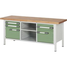 eurokraft pro H&ouml;henverstellbare Werkbank, Gestellbauweise, 3 Schubladen, 2 T&uuml;ren, 2 Ablageb&ouml;den, Breite 2000 mm, lichtgrau / gr&uuml;n
