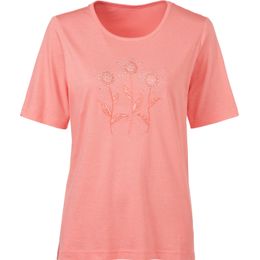 Damen Kurzarmshirt mit Bl&uuml;mchenstickerei flamingo, Gr&ouml;&szlig;e 52