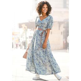 Buffalo Maxikleid 'mit zartem Blumendruck und V-Ausschnitt aus Webware' mehrfarbig Gr. 36 f&uuml;r Damen. Mit tiefer V-Ausschnitt. Figurbetont. Nachhaltig.