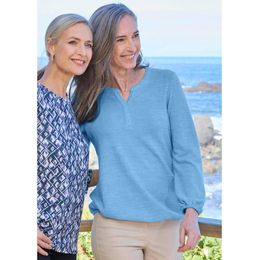 GOLDNER Kurzgr&ouml;&szlig;e: Elegante Bluse mit Zierblende, Rundhals in blau | Gr.: 22
