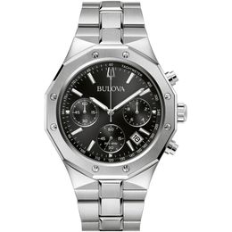 Bulova Chronograph Armbanduhr, Quarzuhr, Herrenuhr, Edelstahlarmband, Saphirglas silberfarben-schwarz Ansprechender Chronograph für Herren