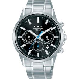 Lorus Chronograph Quarzuhr, Armbanduhr, Herrenuhr, Edelstahlarmband, Stoppfunktion, Tag silberfarben-schwarz Klassisch schöner Chronograph für Herren