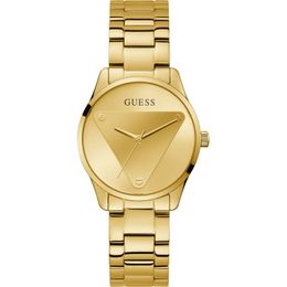 Guess Quarzuhr »EMBLEM« Armbanduhr, Damenuhr goldfarben Hübsche Damenarmbanduhr