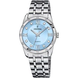 Festina Quarzuhr &raquo;Mademoiselle&laquo; Armbanduhr, Damenuhr, Edelstahlarmband, &Oslash; 32 mm silberfarben-hellblau Tolle Damenarmbanduhr