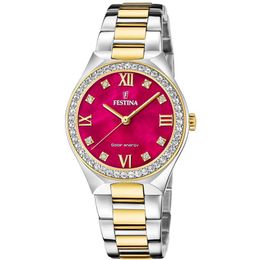 Festina Solaruhr &raquo;Solar Energy&laquo; Armbanduhr, Damenuhr, Edelstahlarmband silberfarben-goldfarben-weinrot Verf&uuml;hrerische Damenarmbanduhr mit Perlmutt