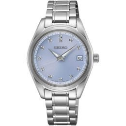 Seiko Quarzuhr Armbanduhr, Damenuhr, Edelstahlarmband, Datum, Saphirglas silberfarben-hellblau Zeitlos schöne Armbanduhr für Damen