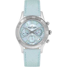Jacques Lemans Chronograph &raquo;Venice&laquo; Armbanduhr, Damenuhr, Lederarmband, Stoppfunktion, Datum, Perlmutt hellblau-hellblau Exqusiter Damenchronograph