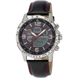 ETT Funkchronograph »Professional World Timer« Armbanduhr, Herren, Solar, Titan, Datum, Stoppfunktion, Lederarmband schwarz-rot Mondäner...