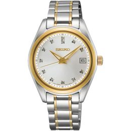 Seiko Quarzuhr Armbanduhr, Damenuhr, Edelstahlarmband, Datum, Saphirglas silberfarben-goldfarben Zeitlos schöne Armbanduhr für Damen