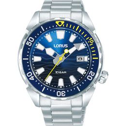 Lorus Quarzuhr Armbanduhr, Herrenuhr, Edelstahlarmband, analog, Datum, Leuchtindizes silberfarben-blau Stilsichere Armbanduhr für Herren