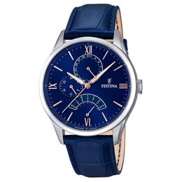 Festina Multifunktionsuhr Armbanduhr, Quarzuhr, Herrenuhr, Lederarmband, Datum blau Elegante Herrenmultifunktionsuhr