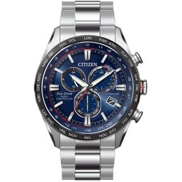 Citizen Funkchronograph Armbanduhr, Herrenuhr, Solar, Titan, Datum, Stoppfunktion titansilberfarben-dunkelblau Sportiver Funkchronograph für Herren