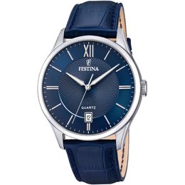 Festina Quarzuhr Armbanduhr, Herrenuhr, Datum, Lederarmband blau Klassische Herrenarmbanduhr